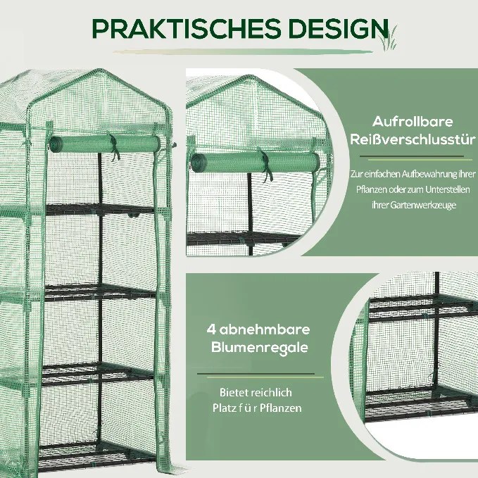 Outsunny Folien-Gewächshaus, Treibhaus, Mini-Gewächshaus, Pflanzenhaus, Frühbeet, 4 Regalfächer, 70 x 50 x 160 cm, Dunkelgrün