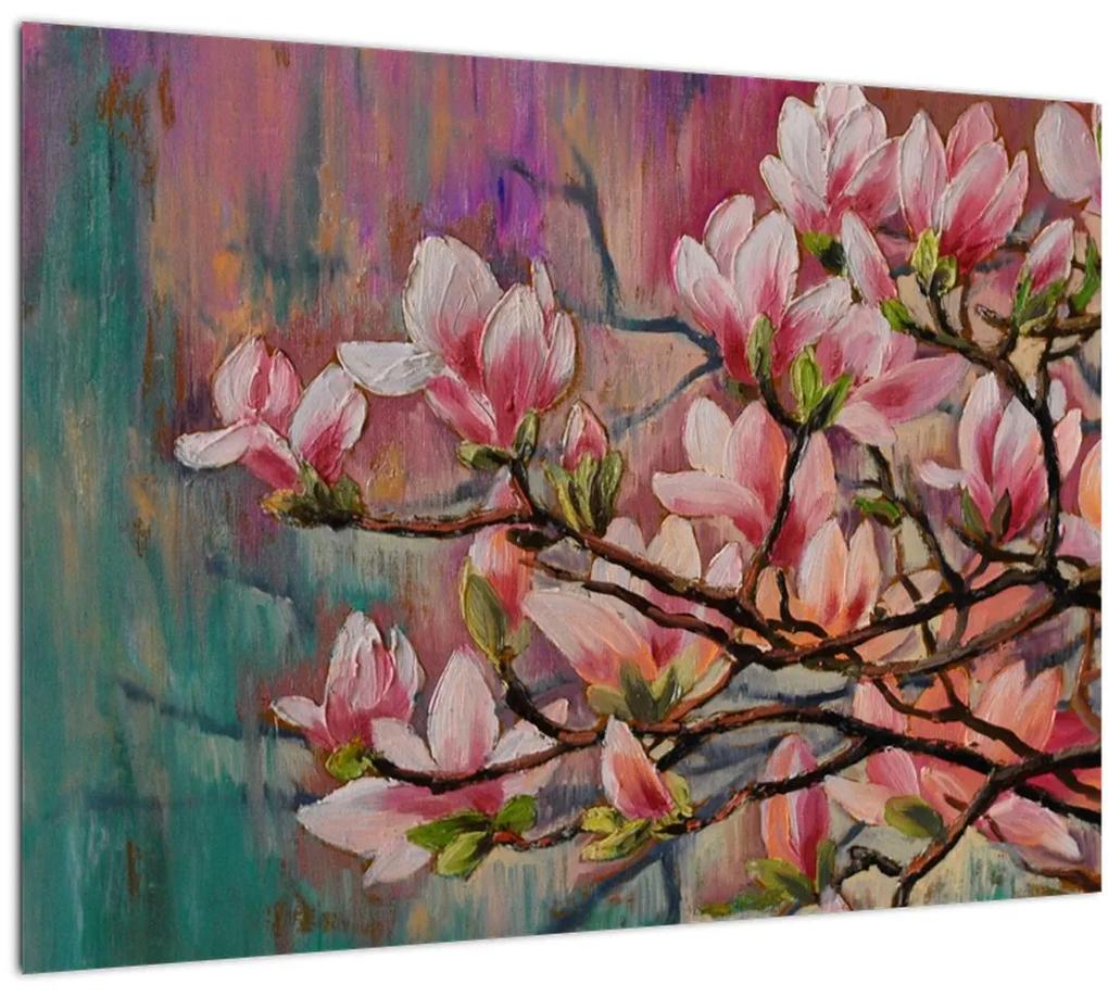 Skleněný obraz - Olejomalba, Rozkvetlá sakura (70x50 cm)