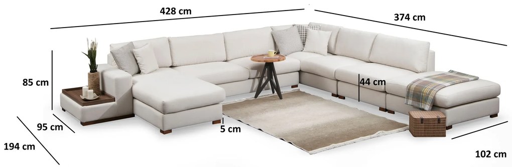 Rohová sedačka s integrovaným stolkem Bellona 428 cm béžová - pravá