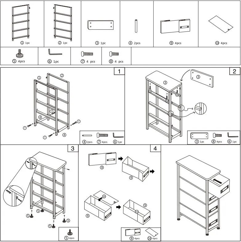 Koupelnový regál se 4 textilními zásuvkami, 48 x 20 x 75 cm
