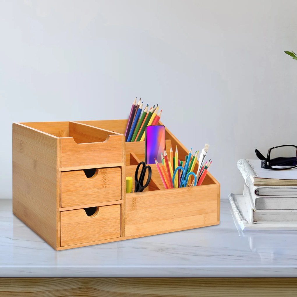 HOMCOM Stolní organizér Kancelářský box se 2 zásuvkami pro pořádek a organizaci, přírodní, D33 x Š20,5 x V15,5 cm | Aosom.de