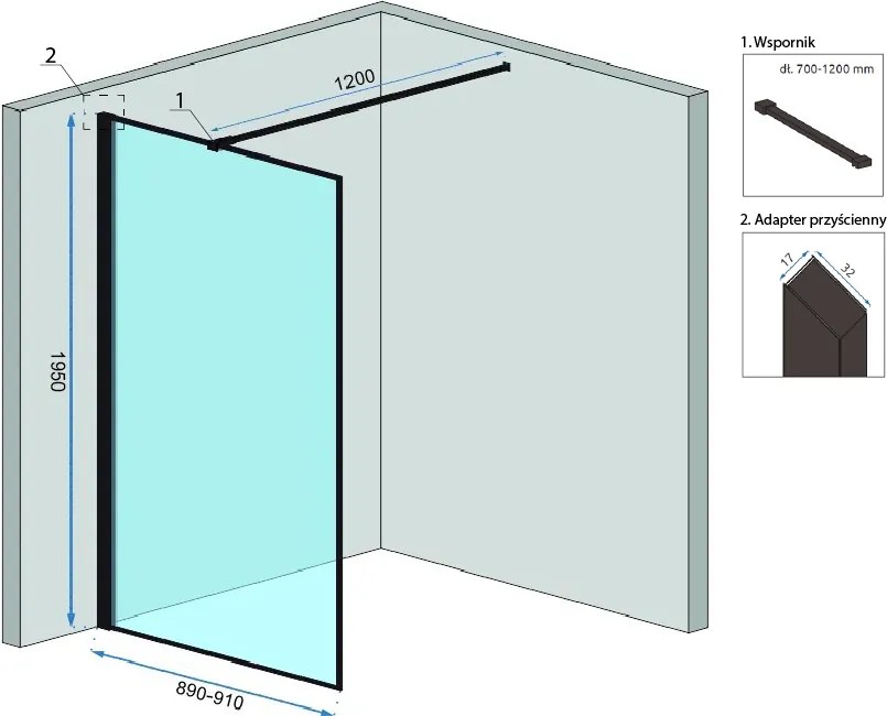 Rea Bler, sprchová zástěna 90x195 cm, 8mm čiré sklo, černý matný profil + police a věšák EVO, KPL-K7638