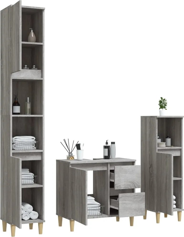 3dílný set koupelnových skříněk šedý sonoma kompozitní dřevo 3185541