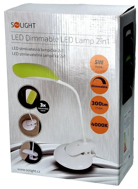 SOLIGHT LED stolní lampička stmívatelná 5W/4000K/300Lm bílá s klipem