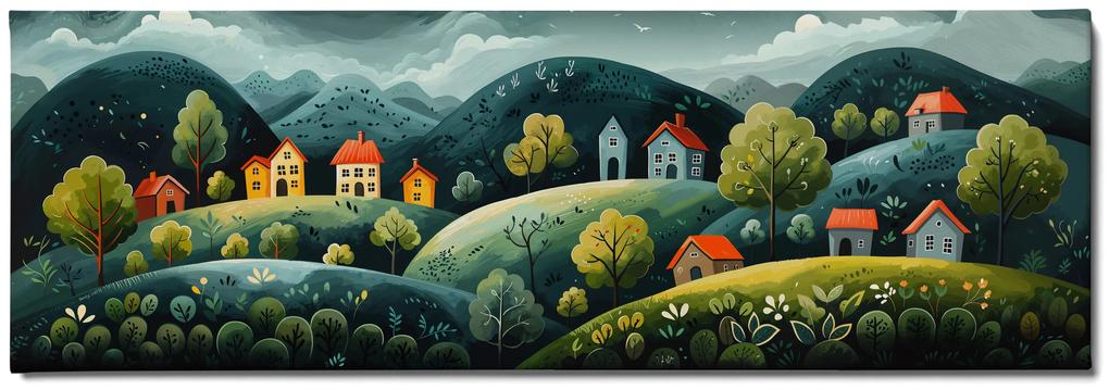 Obraz na plátně - Kopečky s vesnicí Viarel FeelHappy.cz Velikost obrazu: 210 x 70 cm