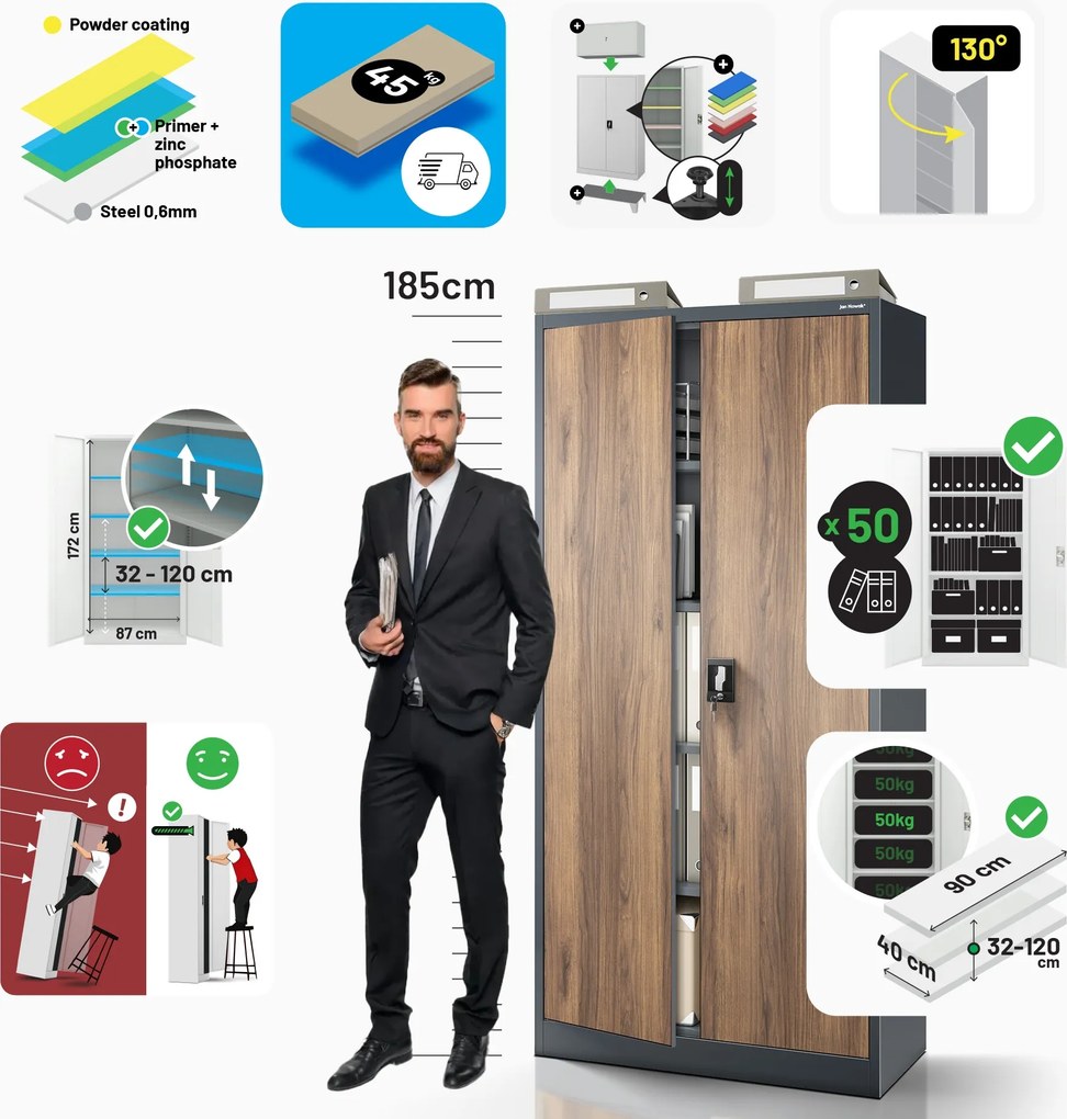 Kancelářská skříň na dokumenty se 4 policemi, antracit/ořech, 900x1850x400 mm: JAN Eco Design