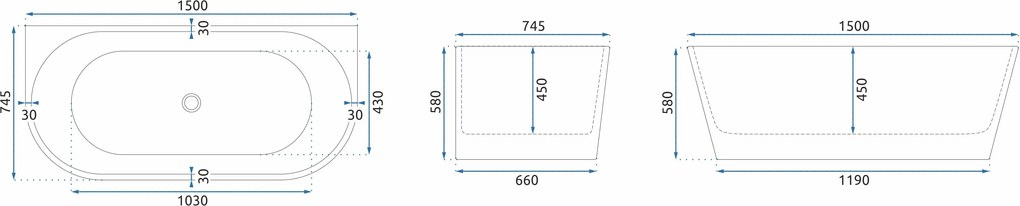 Volně stojící akrylátová vana ke stěně REA OLIMPIA 150x74,5 cm bílý, sifon Click-Clack - zlatý kartáčovaný