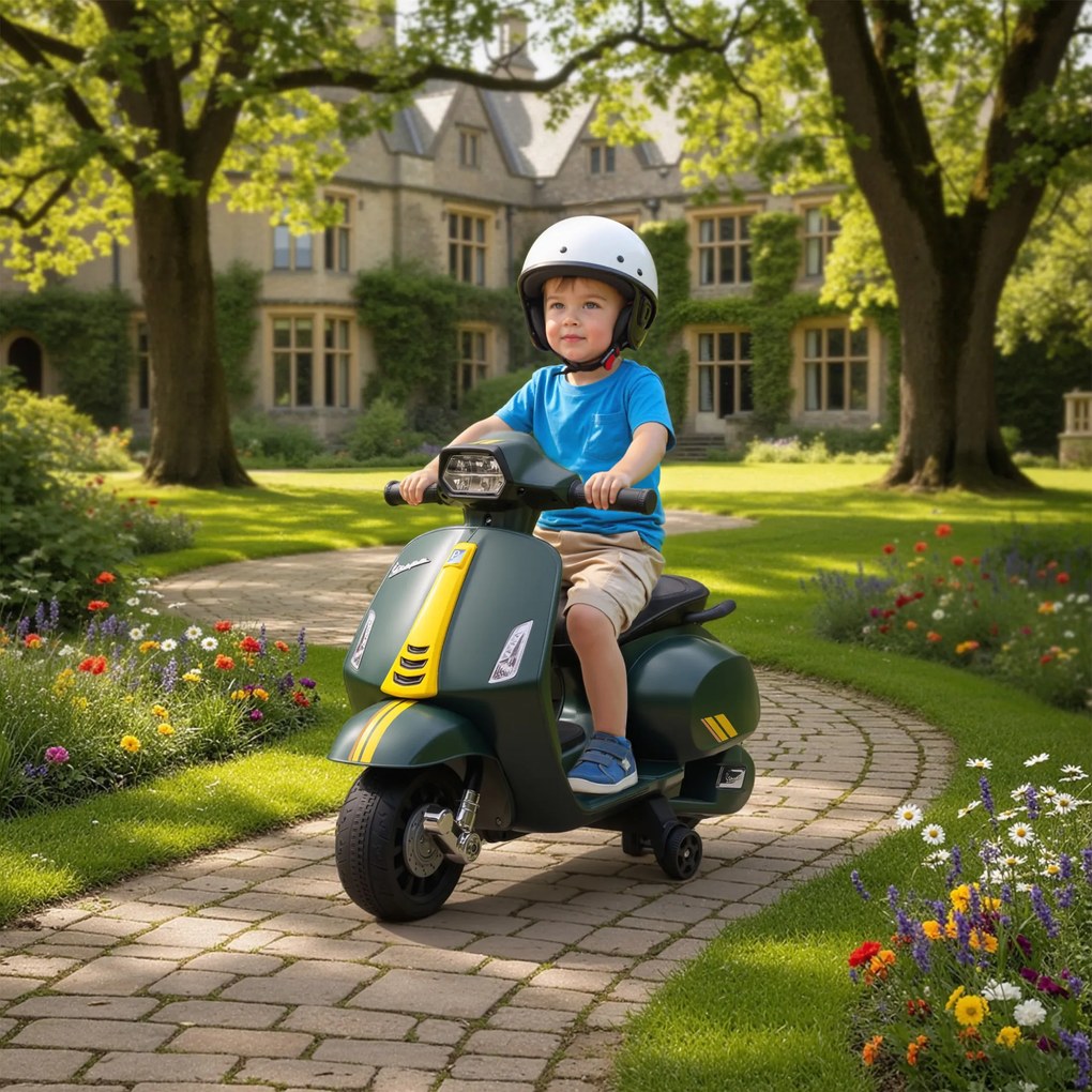 AIYAPLAY Dětská elektrická motorka s licencí Vespa, dobíjecí baterie 6V, pomocná kolečka a světlo, 2–6 let, tmavě zelená