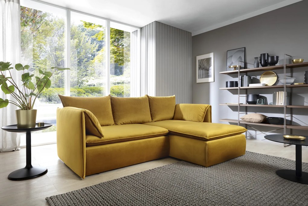 Rohová rozkládací sedací souprava do L GRANADA, 230 cm, s úložným prostorem Roh pohovky: Levý roh, Barva látky: Hořčicová (Riviera 41)