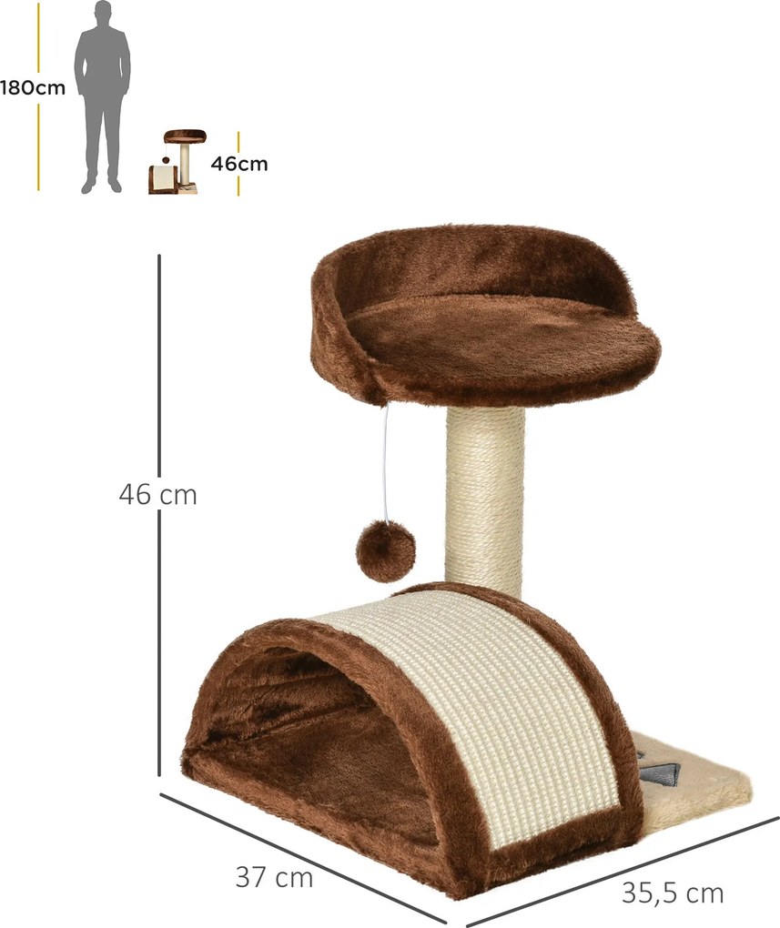PawHut Malý Kočičí Škrabací Strom 46 cm Výška 2 Úrovně s Škrabacím Sloupkem, Škrabacím Plošinou a Hracím Míčkem 35.5x37x46 cm Hnědý