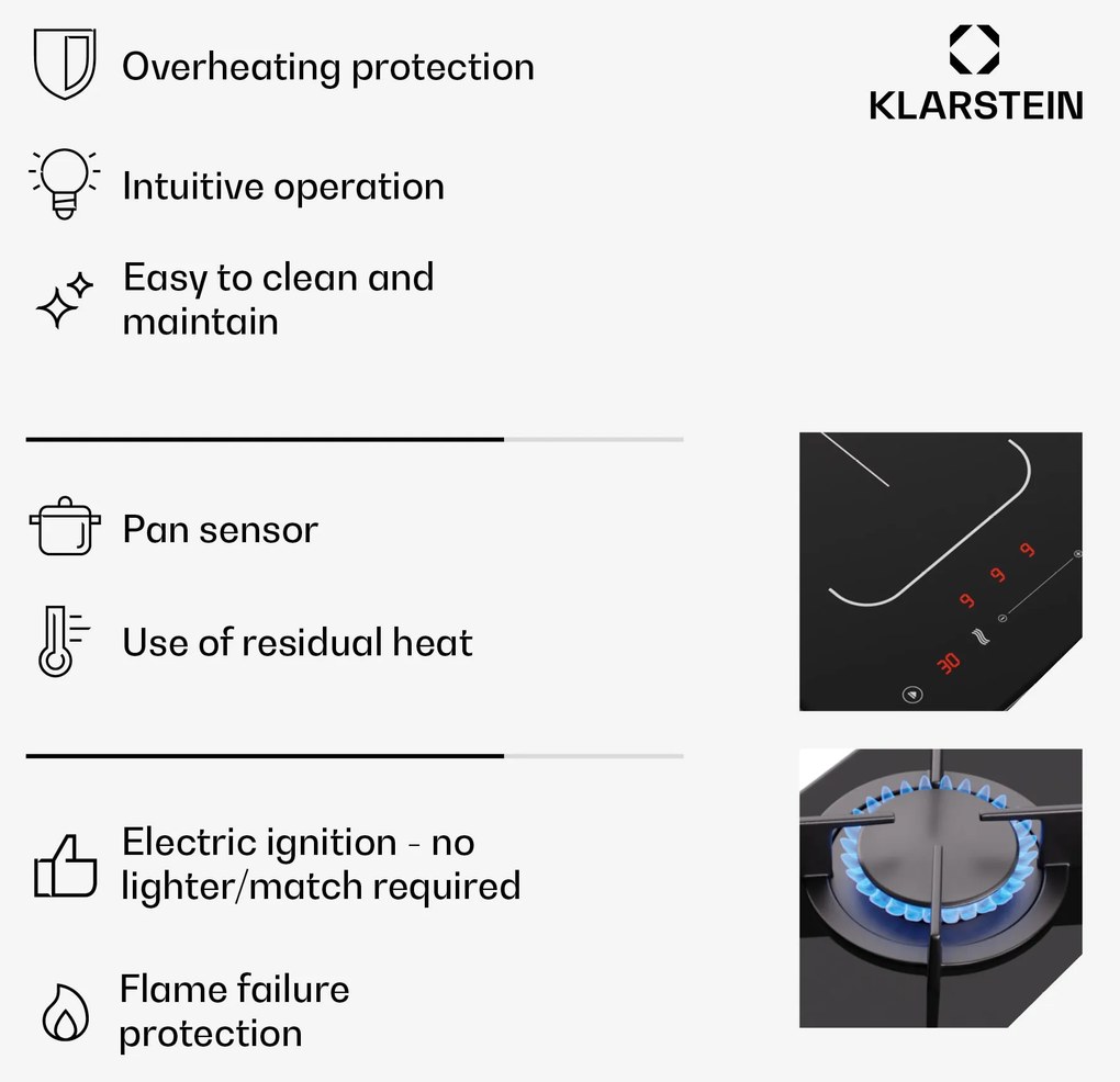 Klarstein MultiChef 5 Wok, indukční a plynová varná deska, 5 varných zón, 3 plynové hořáky, 2 indukční varné desky, FlexZone