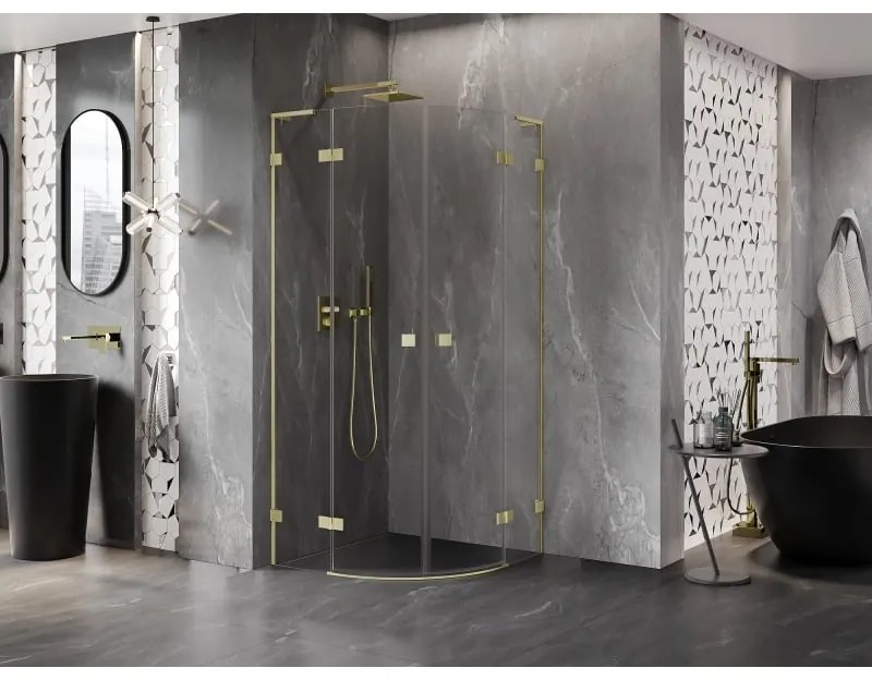Mexen Lunar, L půlkruhový výklopný sprchový kout 70 x 70 cm, 8mm čiré sklo, zlatý matný profil, 833L-070L-070P-55-00
