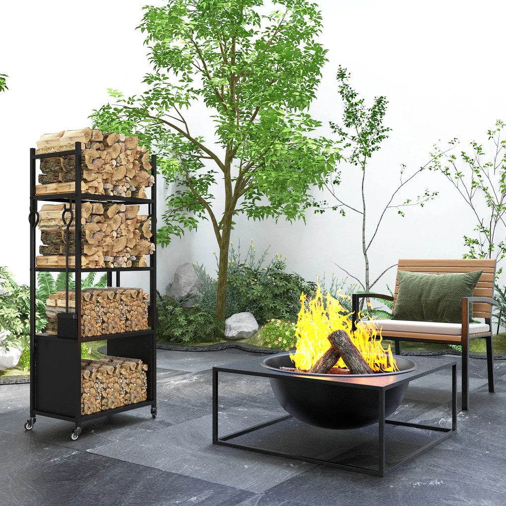 Outsunny Stojan na dřevo 45 x 30 x 118 cm s koly, 4 police, stojan na dřevo pro venkovní i vnitřní použití, do 60 kg, kovový, černý
