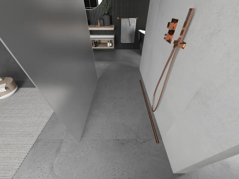 Mexen Kioto, průchozí sprchová zástěna 100 x 200 cm, 8mm sklo námraza, 2x růžové zlato stabilizační rozpěra, 800-100-002-60-30