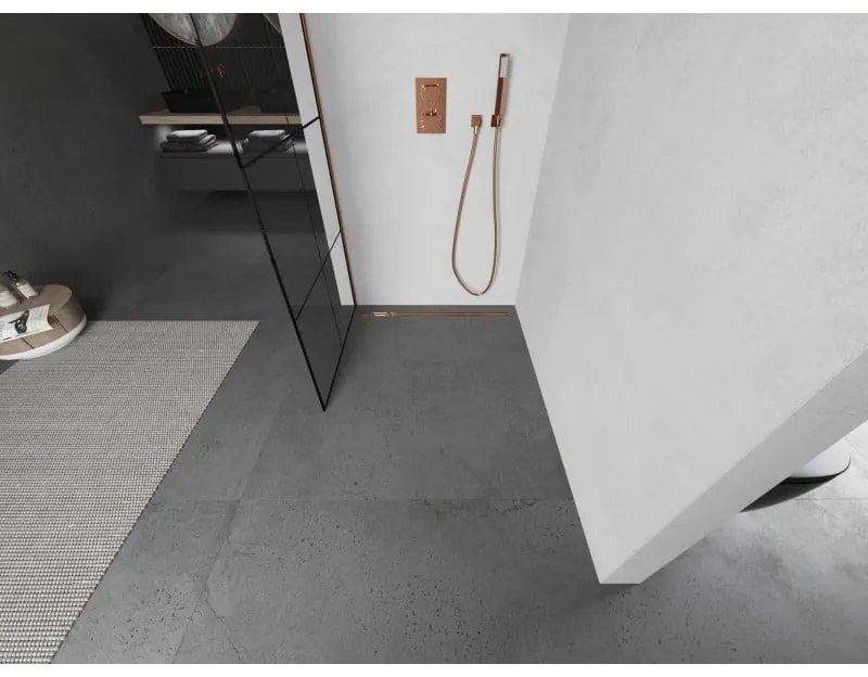 Mexen Kioto L, sprchová zástěna Walk-In 70 x 200 cm, 8mm čiré sklo černý vzor, růžové zlato profil, 800-070-103-60-77
