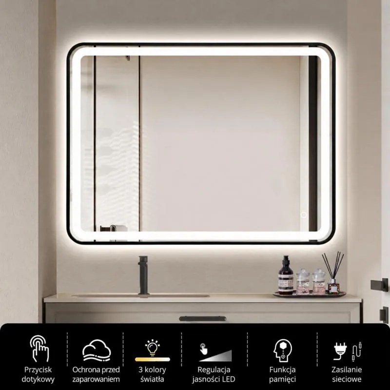 Erga Sari, LED zrcadlo v černém rámu s vyhříváním a dotykovým ovládáním, 80 × 60 cm, černá matná, ERG-YKA-MR.SARI-BLK-60X80