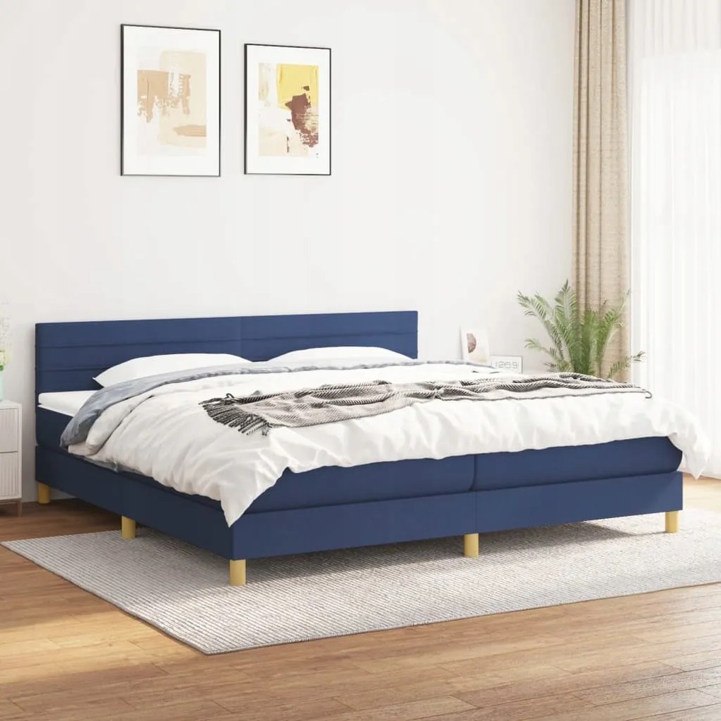 Box Spring Postel S Matrací Textil Modrá vodorovné pruhy 200 x 200 cm