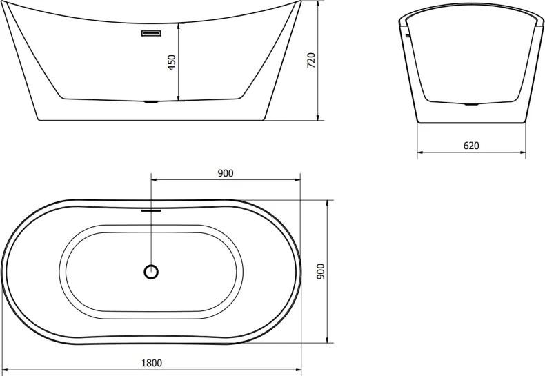 Mexen Montana, volně stojící vana 180 x 90 cm, bílá-černá, broušený grafit přepad, 52011809075-95