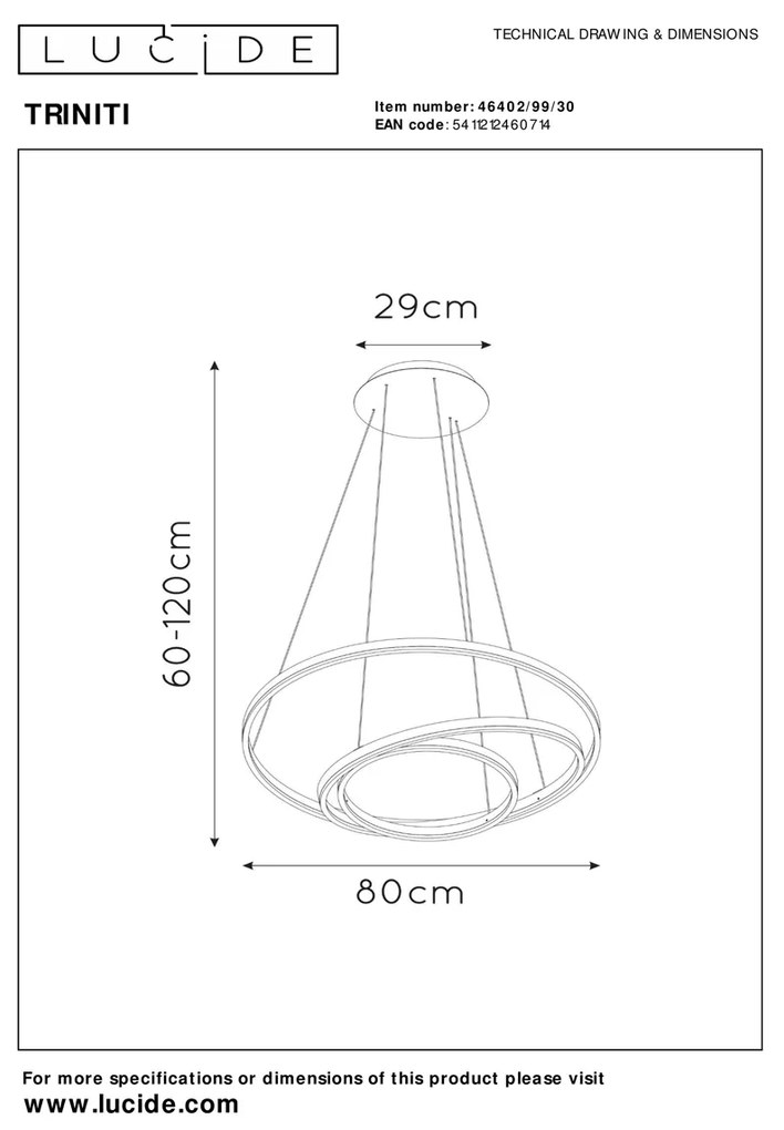 Lucide 46402/99/30 závěsné LED svítidlo Triniti černé, 32W, 3000K, ø80cm