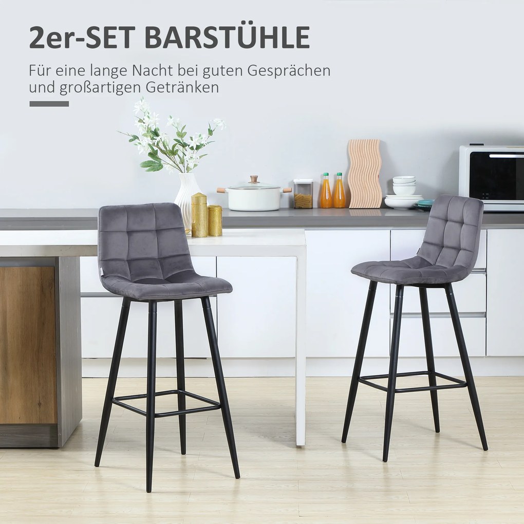 HOMCOM Barová židle sada 2 ks do kuchyně, moderní design, sametový potah, ocelové nohy, protiskluzové krytky nohou, do 120 kg, 42 x 47 x 105 cm, šedá…