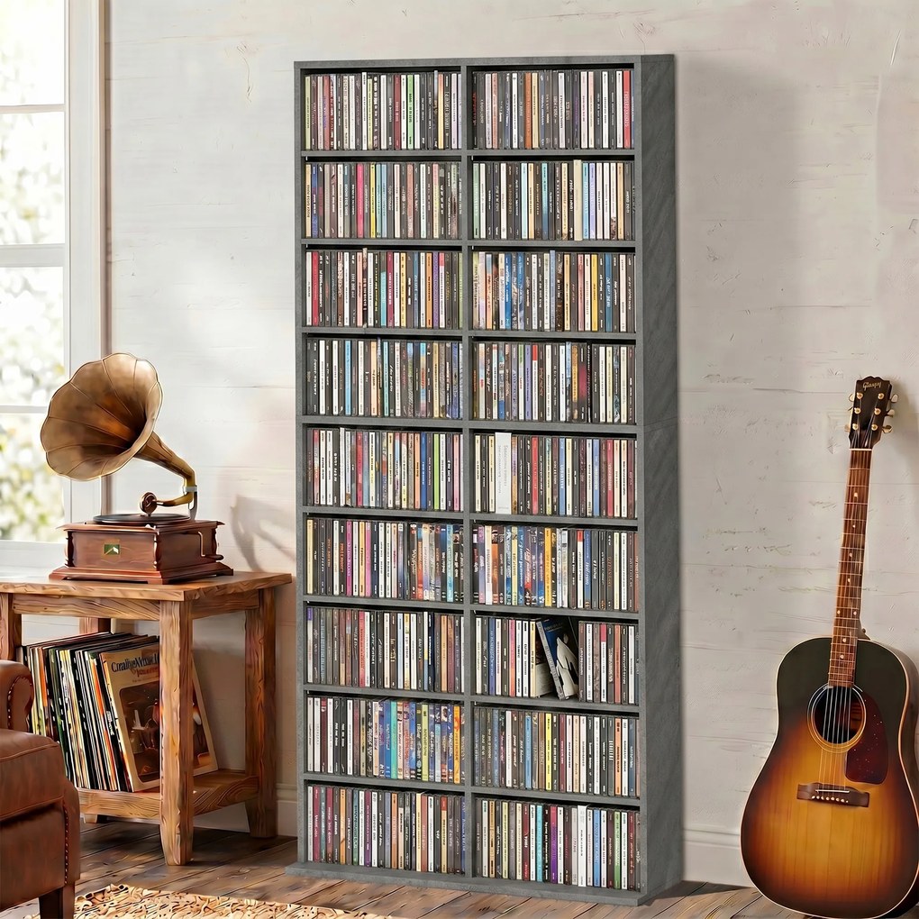 HOMCOM úložný stojan na CD a DVD 18 přihrádek, maximální kapacita 640 CD/360 DVD 430 Blu-ray, 78,5 x 24 x 175 cm, světle šedý