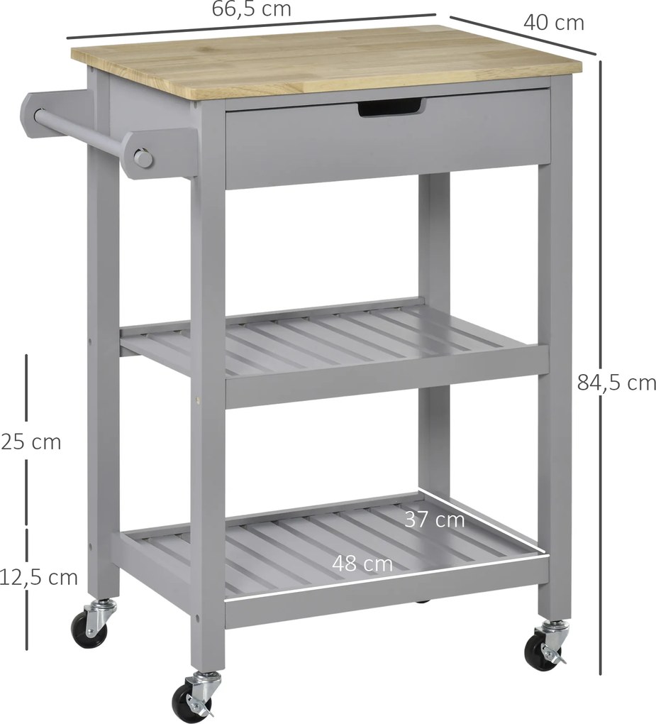 HOMCOM Otočný Kuchyňský Vozík s Pracovní Deskou z Hevea Dřeva - 2 Police, 1 Zásuvka a Držák na Utěrky