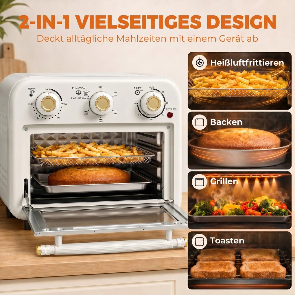HOMCOM Horkovzdušná fritéza 12 litrů mini trouba s ventilátorem, 5 programů, plech a koš na smažení, 1200 W, vhodná do myčky