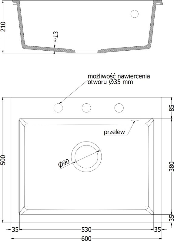 Mexen Elix, 1-komorový granitový dřez 600 x 500 mm, šedý, černý sifon - 6525601005-71-B