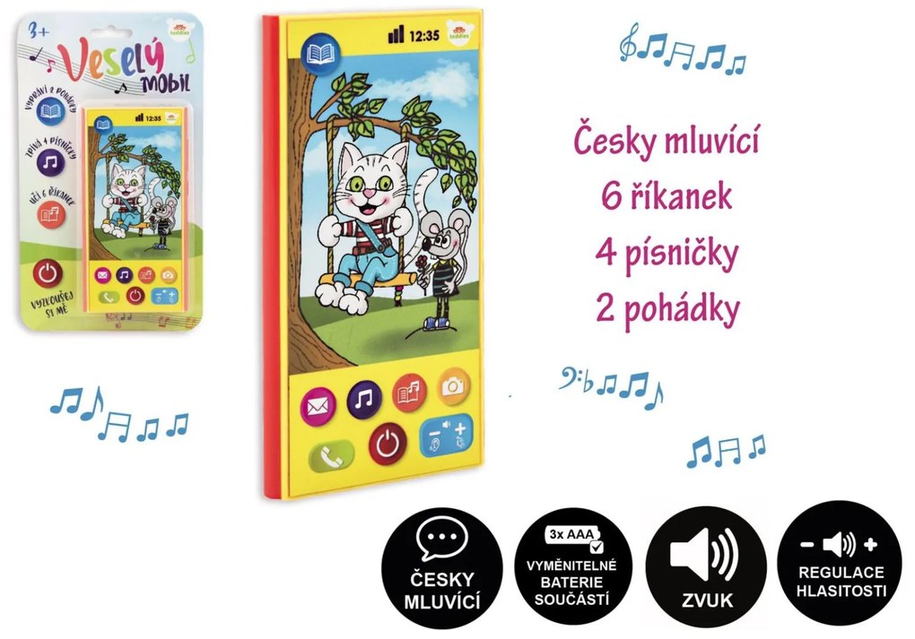 Veselý Mobil Telefon plast česky mluvící 7,5x15cm na baterie se zvukem na kartě
