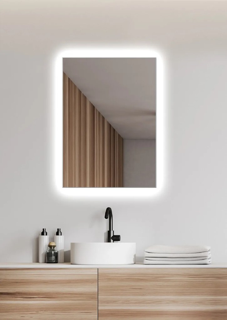 Amirro Zrcadlo do koupelny na zeď do pokoje do ložnice do předsíně na chodbu bez vypínače AMBIENTE 50 x 70 cm s LED podsvícením  po celém obvodu 410-814