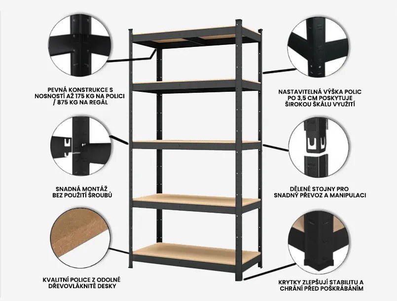 Fistar AKCE - Balíček : 10x Regál 2000x900x500 mm lakovaný 5-policový, nosnost 875 kg - ČERNÝ