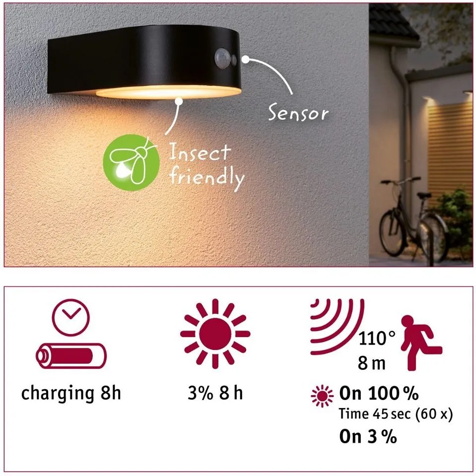 P 94730 Solární LED venkovní nástěnné svítidlo Eileen pohybové čidlo neláká hmyz IP44 2200K černá - PAULMANN