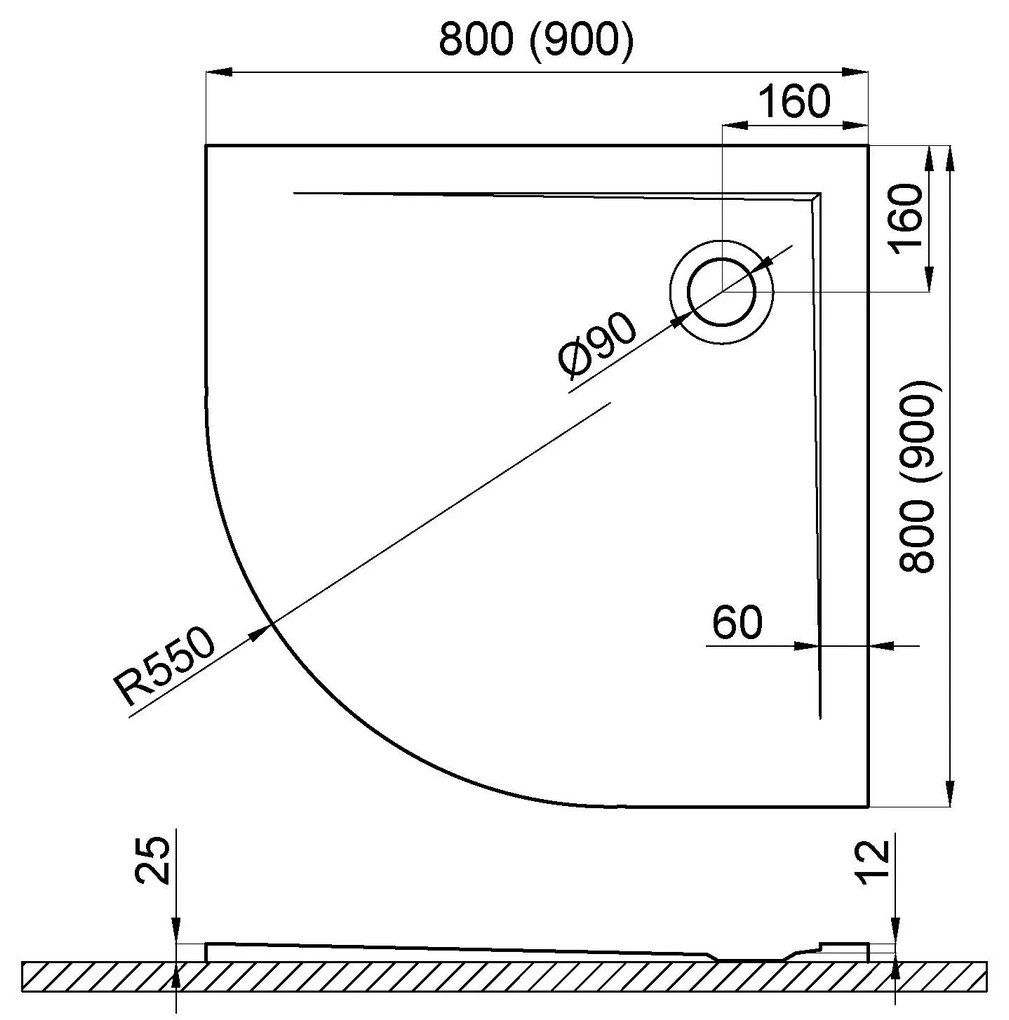 Polimat Čtvrtkruhová sprchová vanička z minerálního kompozitu Perrito HR 80x80 (90x90) Barva: Černá - kamenná struktura, Rozměry (cm): 90x90