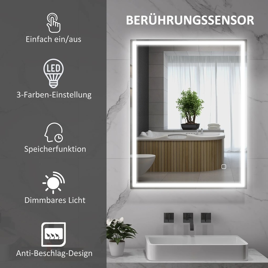 HOMCOM Koupelnové zrcadlo s osvětlením 90x70 cm LED zrcadlo Nástěnné zrcadlo s paměťovou funkcí 3 barvy světla Stříbrná