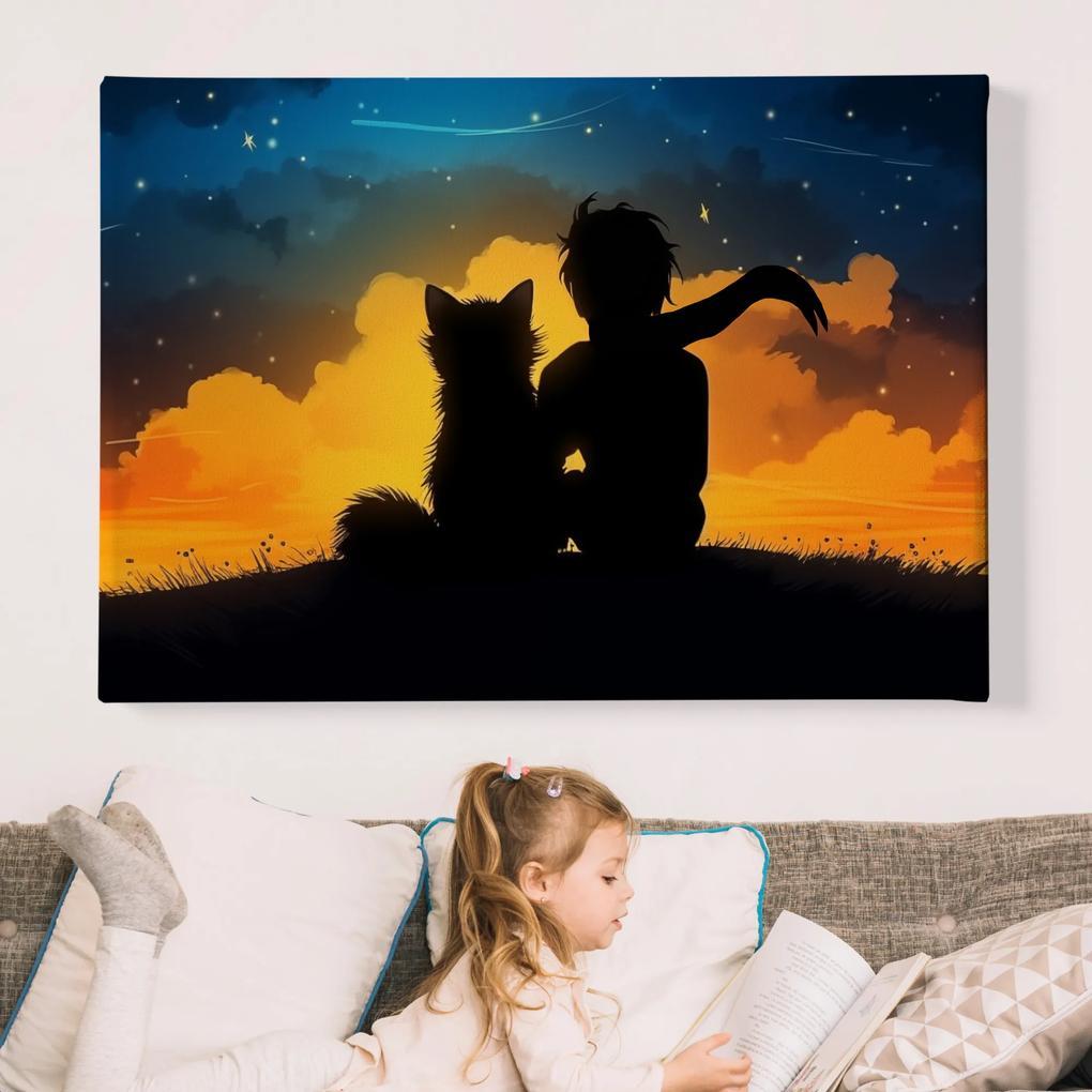 Obraz na plátně - Malý princ a liška pozorují nádherný západ slunce (siluety) FeelHappy.cz Velikost obrazu: 180 x 120 cm