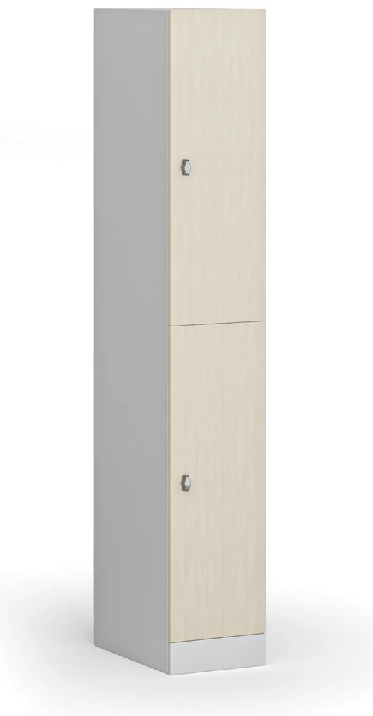 Šatní skříňka S1 s úložnými boxy, 2 boxy, 1850 x 300 x 500 mm, demont, otočný zámek, laminované dveře, bříza