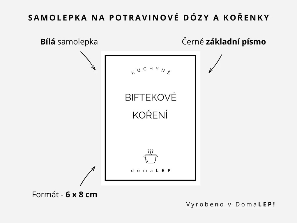 BIFTEKOVÉ KOŘENÍ - omyvatelná samolepka na kořenky, výběr rozměrů Ø 5 cm / 5 x 5 cm / 6 x 8 cm | DomaLEP tvar: KOLEČKO, barva: BÍLÁ - ČERNÉ písmo, velikost: Ø 5 cm - základní písmo