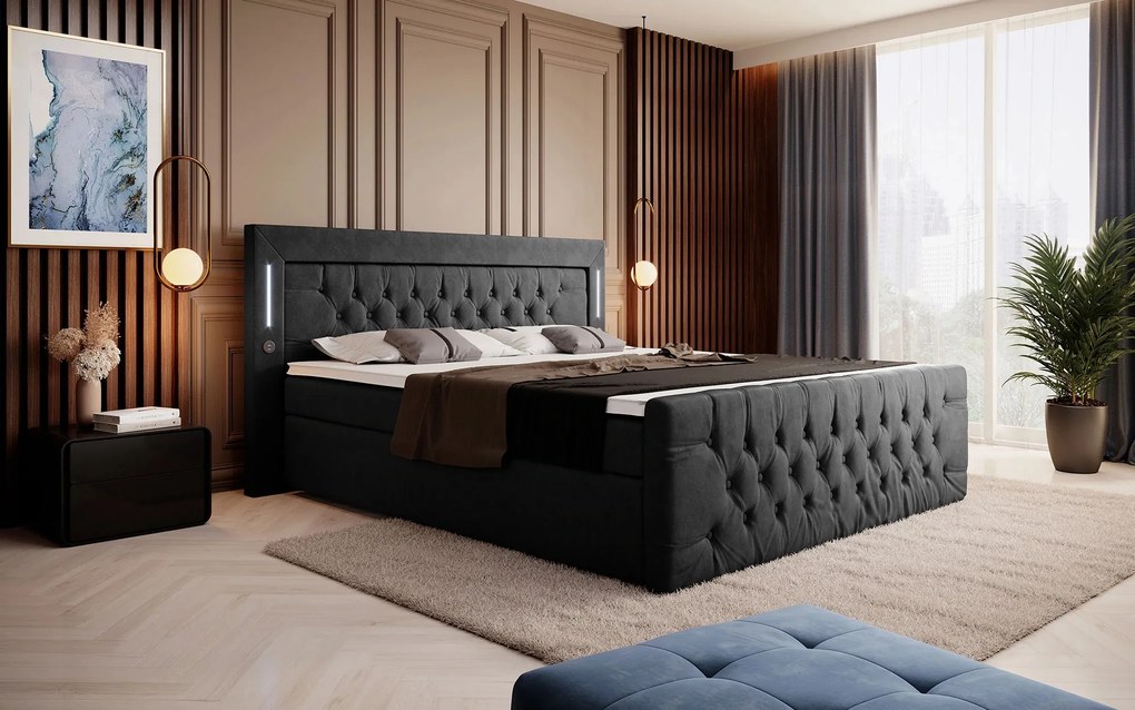 K&M postele Boxspring postel ELEGANCE s úložným prostorem, LED a USB Velikost postele: 160 × 200 cm, Výběr matrace: Taštičková zónová matrace - měkká…