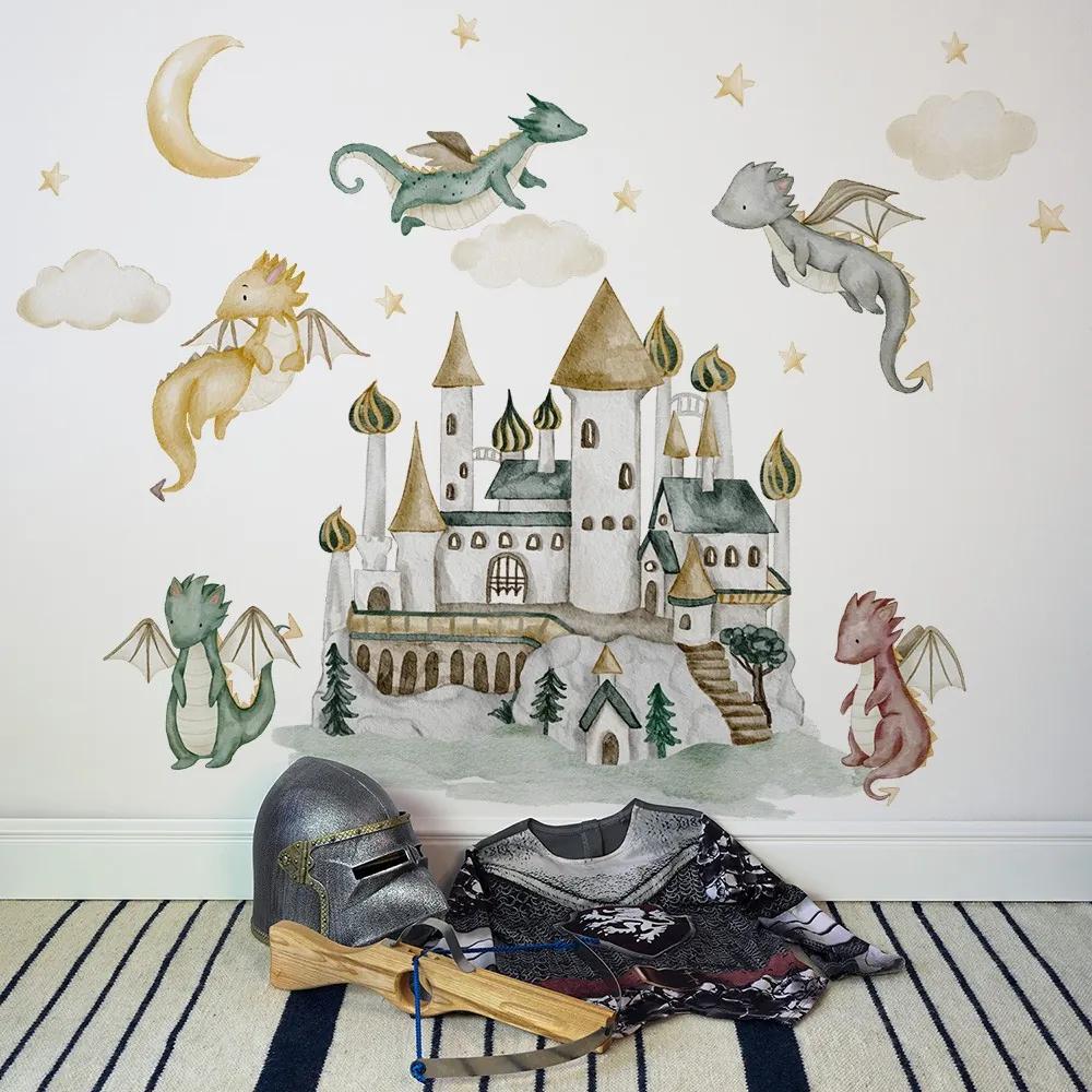 Gario Dětská nálepka na zeď The world of dragons - draci, zámek, měsíc a hvězdy