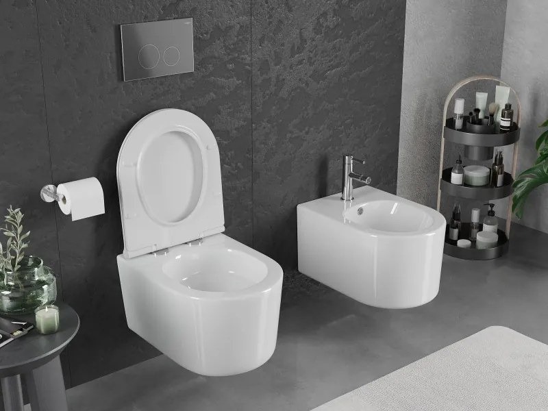 Mexen Sofia, závěsná WC mísa 490x360x355 mm, Rimless Tornádo + WC sedátko z duroplastu, bílá lesklá, 30540500T