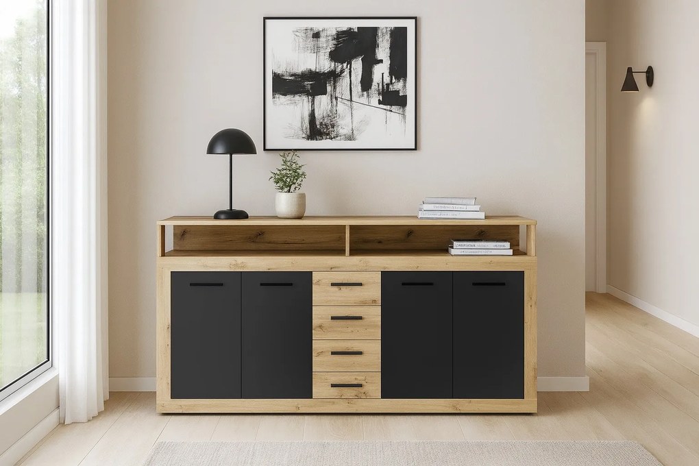Komoda Luna 190 cm dub Artisan/černá