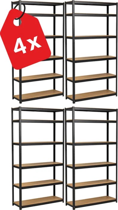 Regál 220x100x40 cm lakovaný 6-policový, nosnost 1050 kg - černý - 4ks