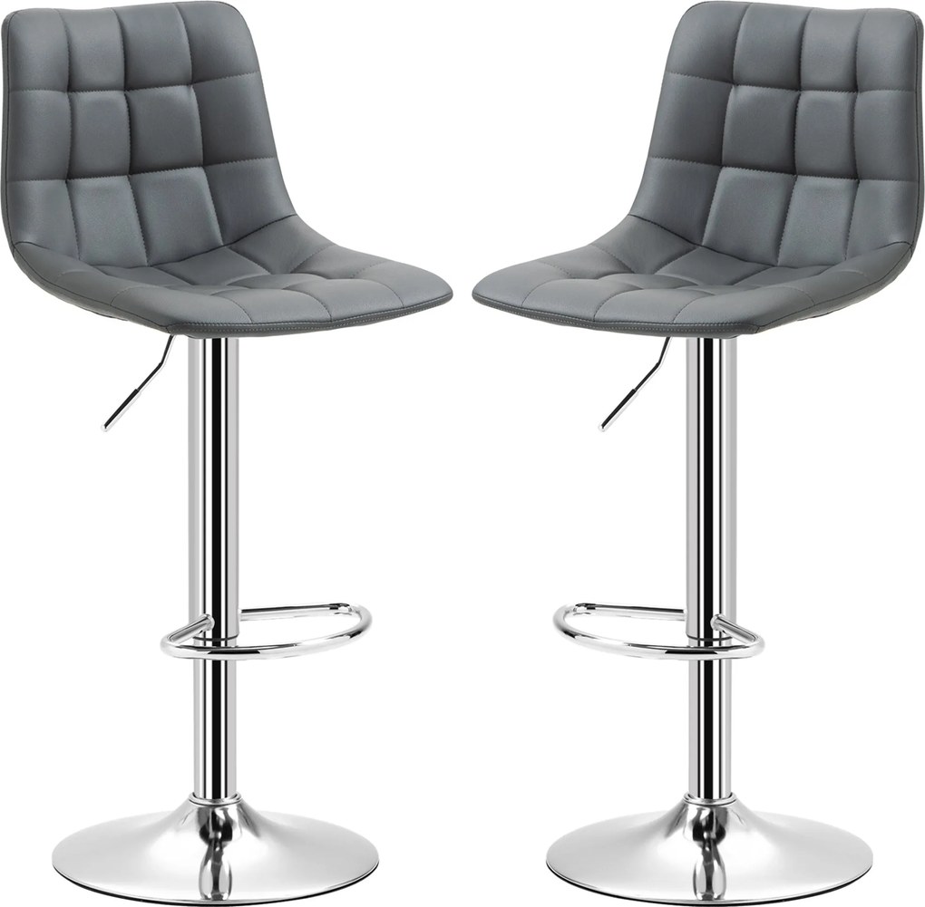 HOMCOM Sada 2 barových židlí z imitace kůže s opěradlem, otočné kuchyňské a obývací židle s opěrkou nohou, 42x45x89-110cm, Šedé