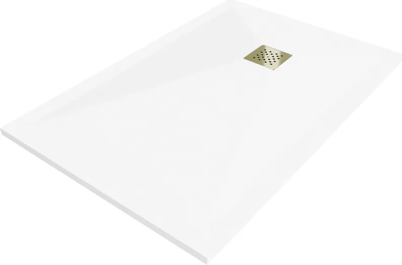 Mexen Stone+, obdélníková vanička z minerálního kompozitu 130 x 90 cm, bílá, zlatá lesklá krytka, 44109013-G