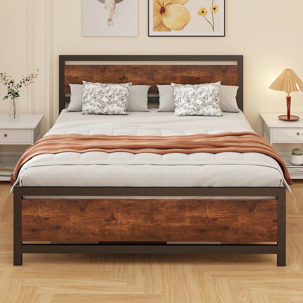 HOMCOM rám manželské postele 200 x 160 cm z oceli s roštem a čelem postele, kompatibilní s matrací tmavý dřevěný vzhled