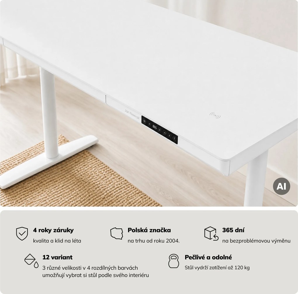 Elektrický psací stůl sit-stand se zásuvkou a bezdrátovou nabíječkou Qi bílý, 1400 mm: ELLIS
