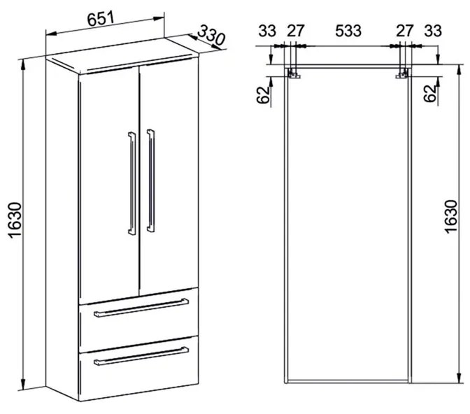 Mereo, Bino, koupelnová skříňka vysoká, dvojitá 163 cm, bílá, bíla/dub, CN679