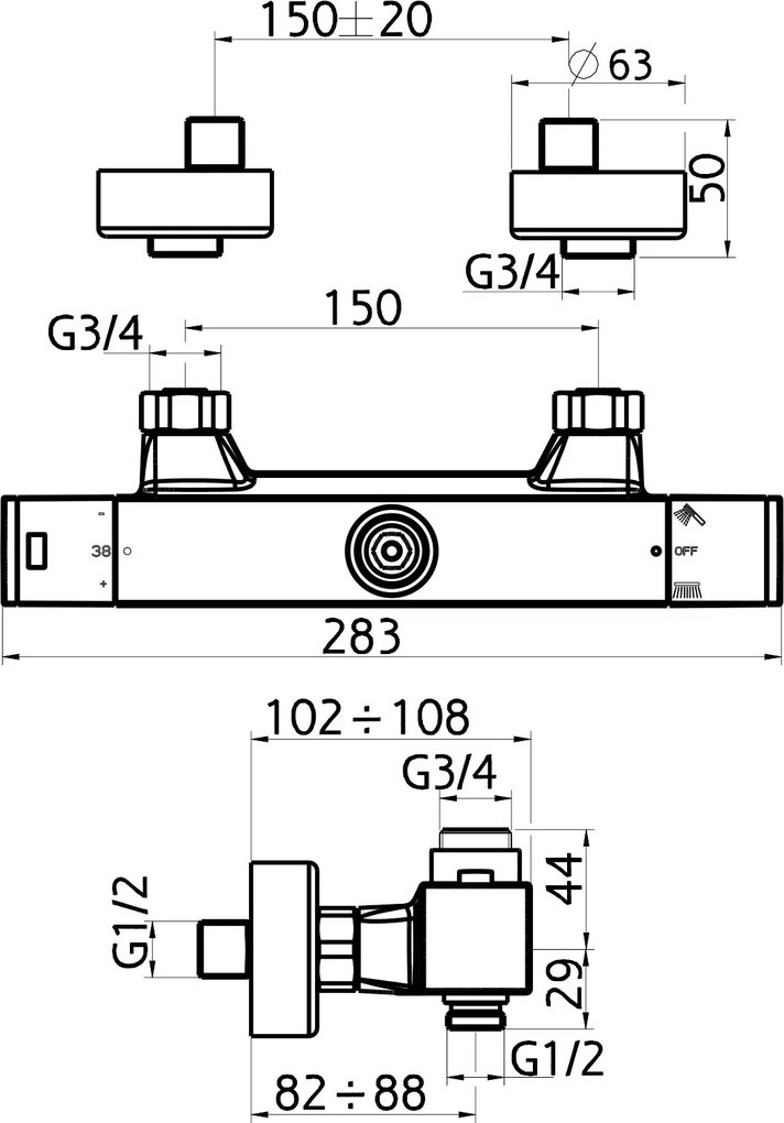 Novaservis Aquasave sprchová termostatická baterie s dolním a horním vývodem 150mm, 2862/1,0