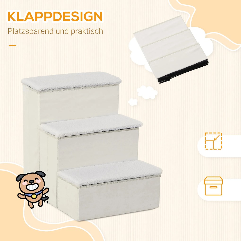 PawHut schody pro domácí mazlíčky skládací schody pro kočky schody pro psy 3 stupně s úložným prostorem pro kočky a psy MDF Bílá 40x54x48cm