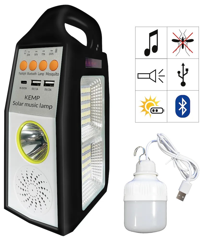 Multifunkční solární LED lampa s reproduktorem a powerbankou Kemp